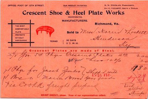 Crescent Shoe & Heel Plate Works Richmond VA 1904 Billhead Steel Heel ...