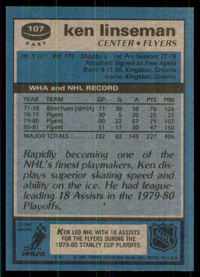 1981-82 Topps Ken Linseman Philadelphia Flyers #107 | eBay