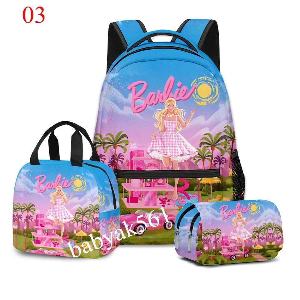 Barbie Cartoon 3D Backpack Lunch Bag Pencil Case Kid School Bag Travel ...