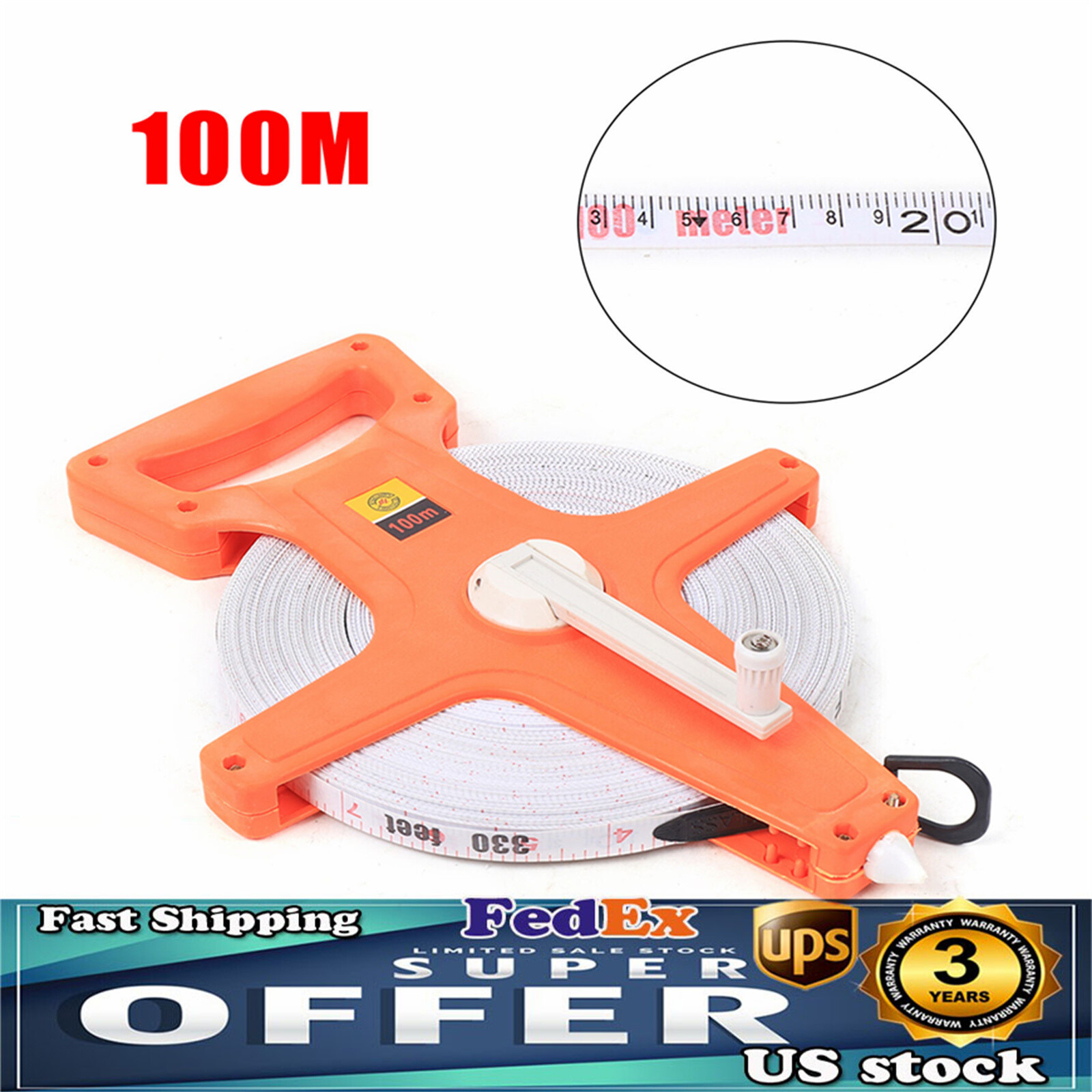 100m Tape Measure 330ft Long Open Reel Fibreglass Surveyors Measuring ...
