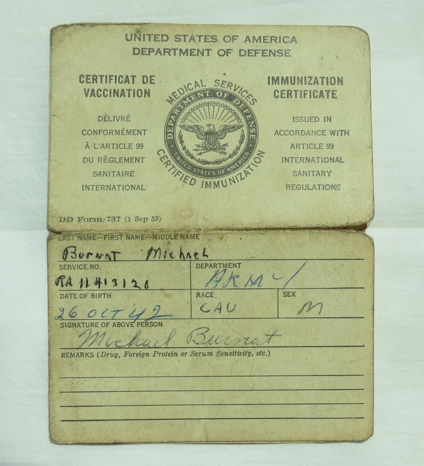 VINTAGE 1962 US ARMY DEPARTMENT OF DEFENSE IMMUNIZATION CERTIFICATE ...