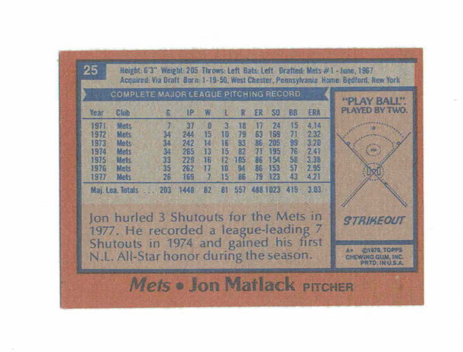 Jon Matlack New York Mets Pitcher #25 Topps 1978 #Baseball Card | eBay