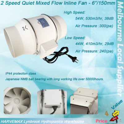 2x 6"/150mm 2 Speed Quiet Mixed Flow Inline Fan Hydroponics Vent Duct ...