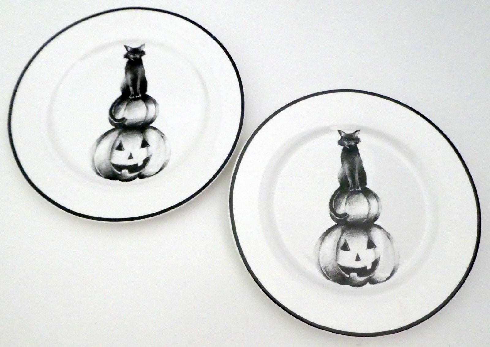 WICKED HALLOWEEN PLATES Ciroa Porcelain CAT Pumpkins Set of 2 UNUSED 8 ...