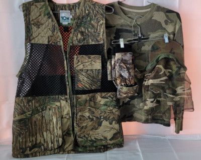 Men's Camo Hunting Lot of 4 Long 10X Bird Vest Sz L Tee Gloves & Cap w ...