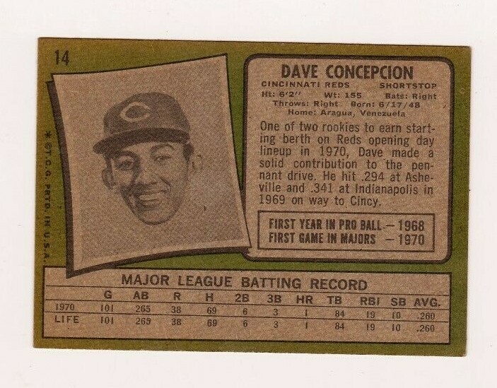 1971 Topps #14 Dave Concepcion RC Rookie - HOF - Reds - Ex/ExMt - 697 ...