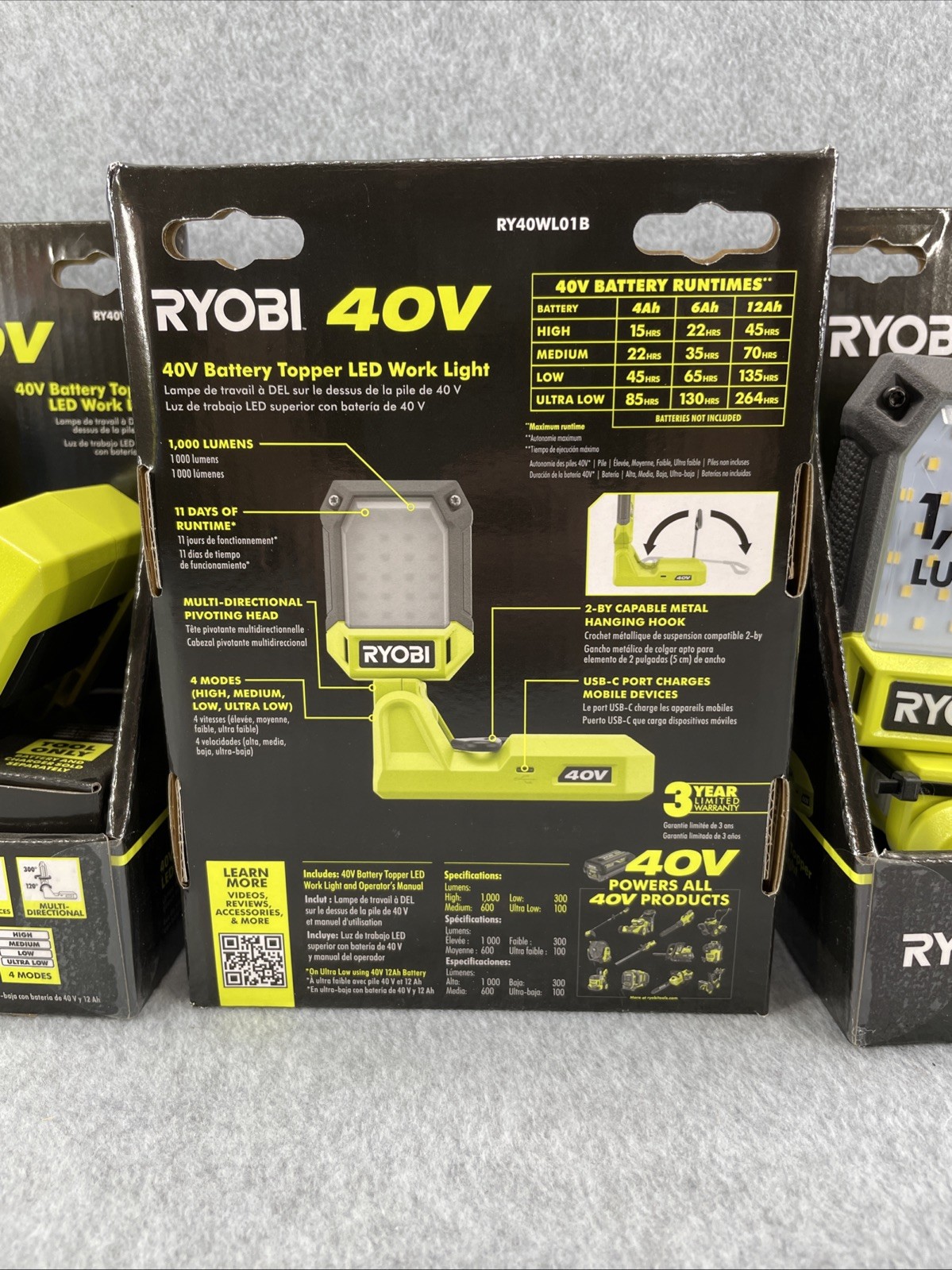 Ryobi LED Work Light 40V Battery Topper Tool Only RY40L01B 3 Pack | eBay