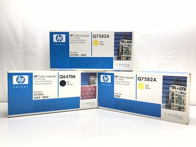 Genuine 3800 HP Black Q6470A, x2 Yellow Q7582A Toner - SEALED | eBay