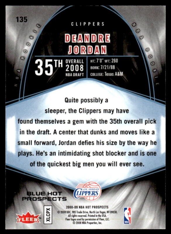 2008 FLEER HOT PROSPECTS DEANDRE JORDAN 135 MINT BLUE RC LOS ANGELES ...