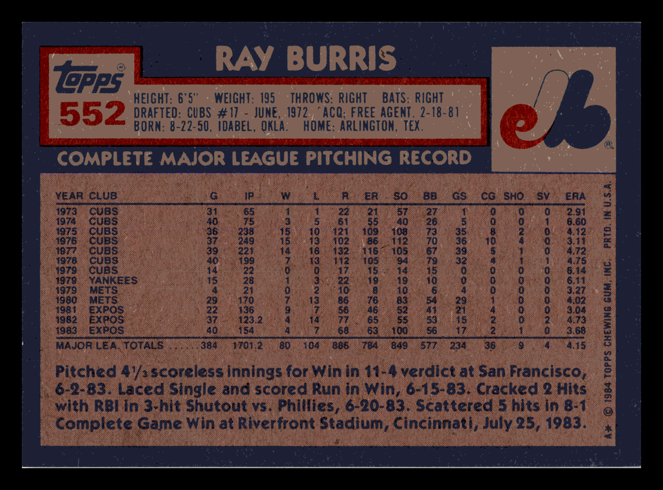 1984 Topps Ray Burris Montreal Expos #552 Centered Mint | eBay