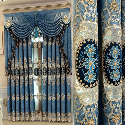 Custom European embroidery high-end blue cloth curtain valance drape ...