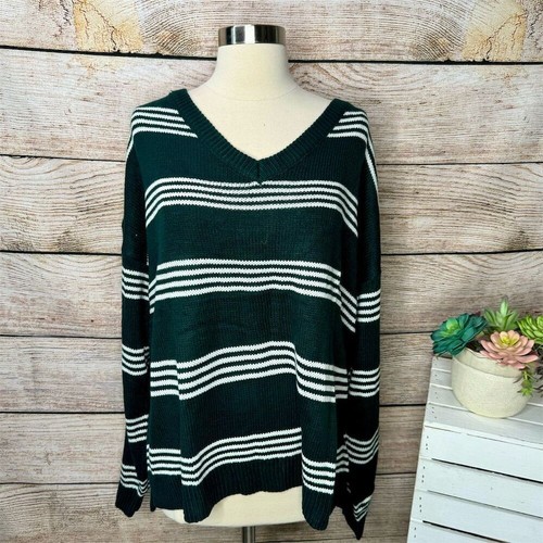 LuLaRoe Torrie XL Green Striped V-Neck Pullover Sweater | eBay