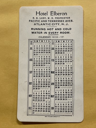 1916-17 Atlantic City NJ Hotel Elberon Advertisement Pocket Calendar Card | eBay