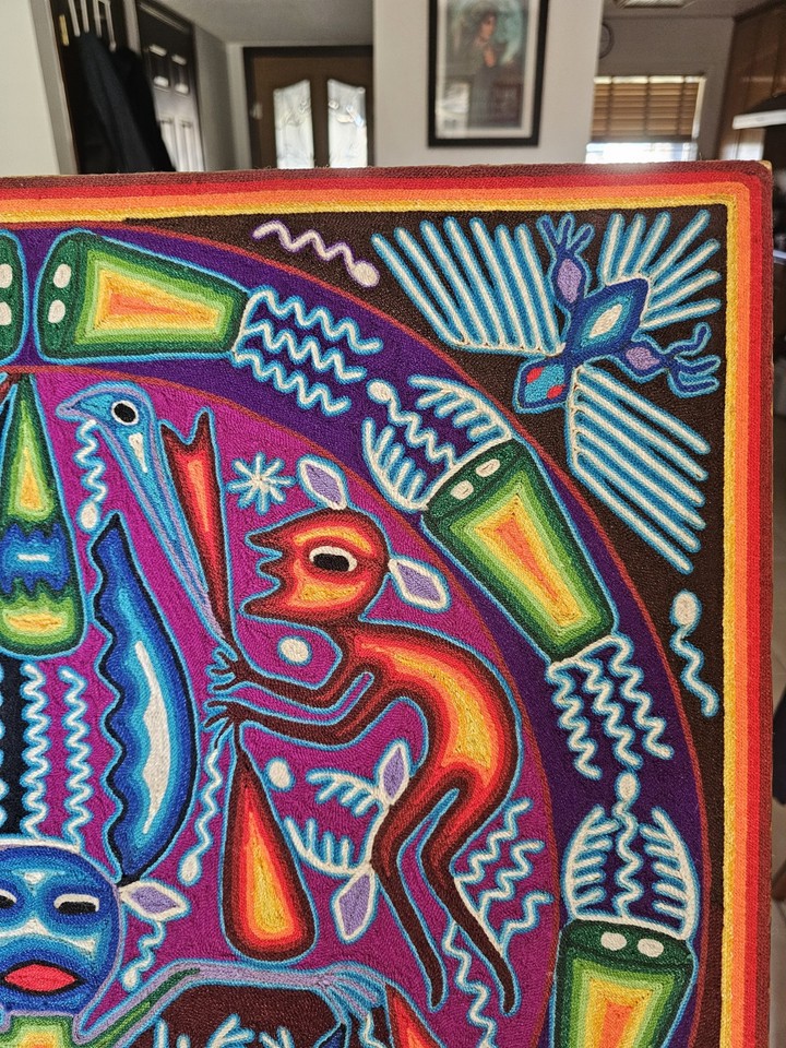 RARE "JIKURI SACRED PEYOTE" Huichol Yarn Painting Indigenous Mexico ...