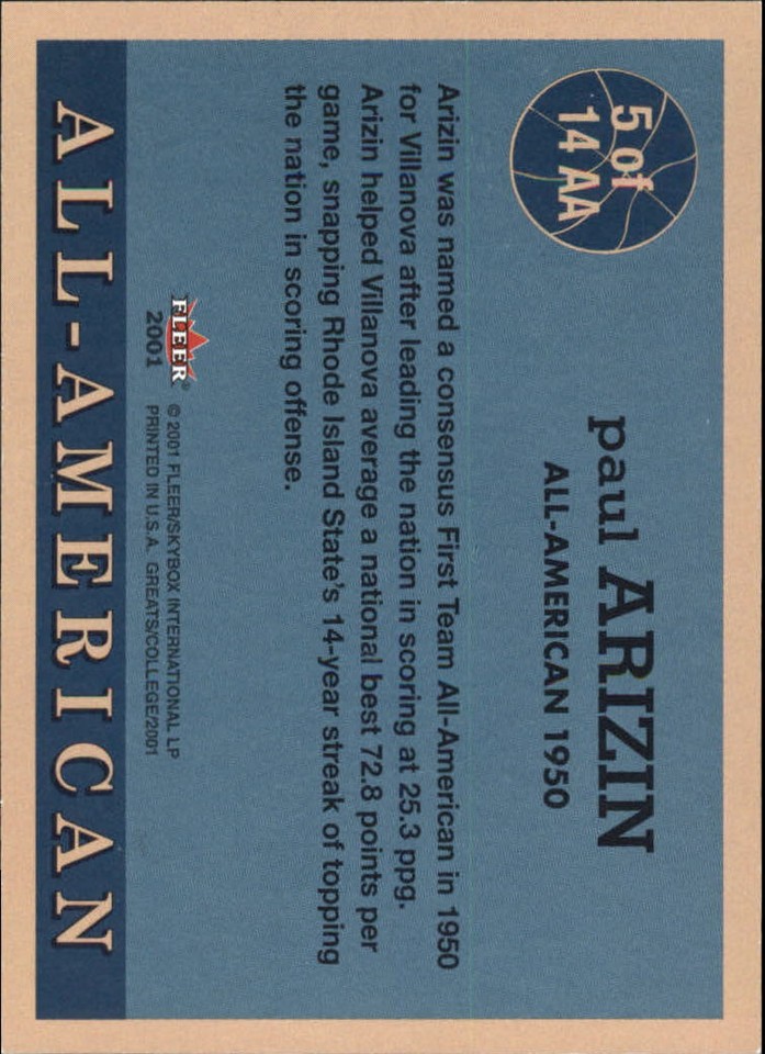 2001 Greats of the Game All-American Collection #AAC5 Paul Arizin | eBay