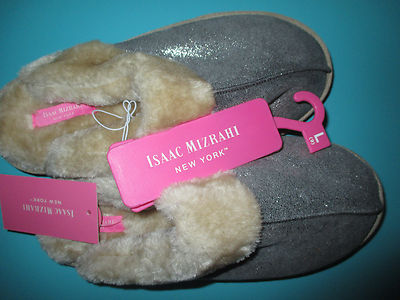 NEW Isaac Mizrahi Slippers Mules Size L 9 Metallic Faux Fur Silver Tan ...