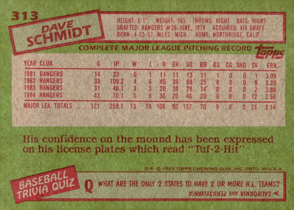 1985 Topps #313 Dave Schmidt - Texas Rangers | eBay