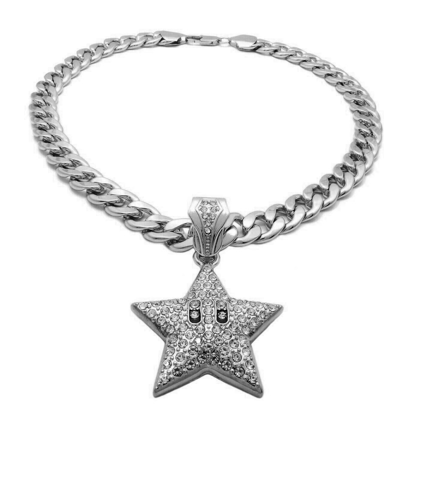 Iced Hip Hop Mario Star Pendant & 18" Full Iced Choker Cuban Bling ...