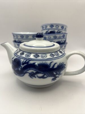 BLUE MOON CHINESE TEA POT AND FIVE TEA CUPS - BLUE & WHITE - DRAGON ...