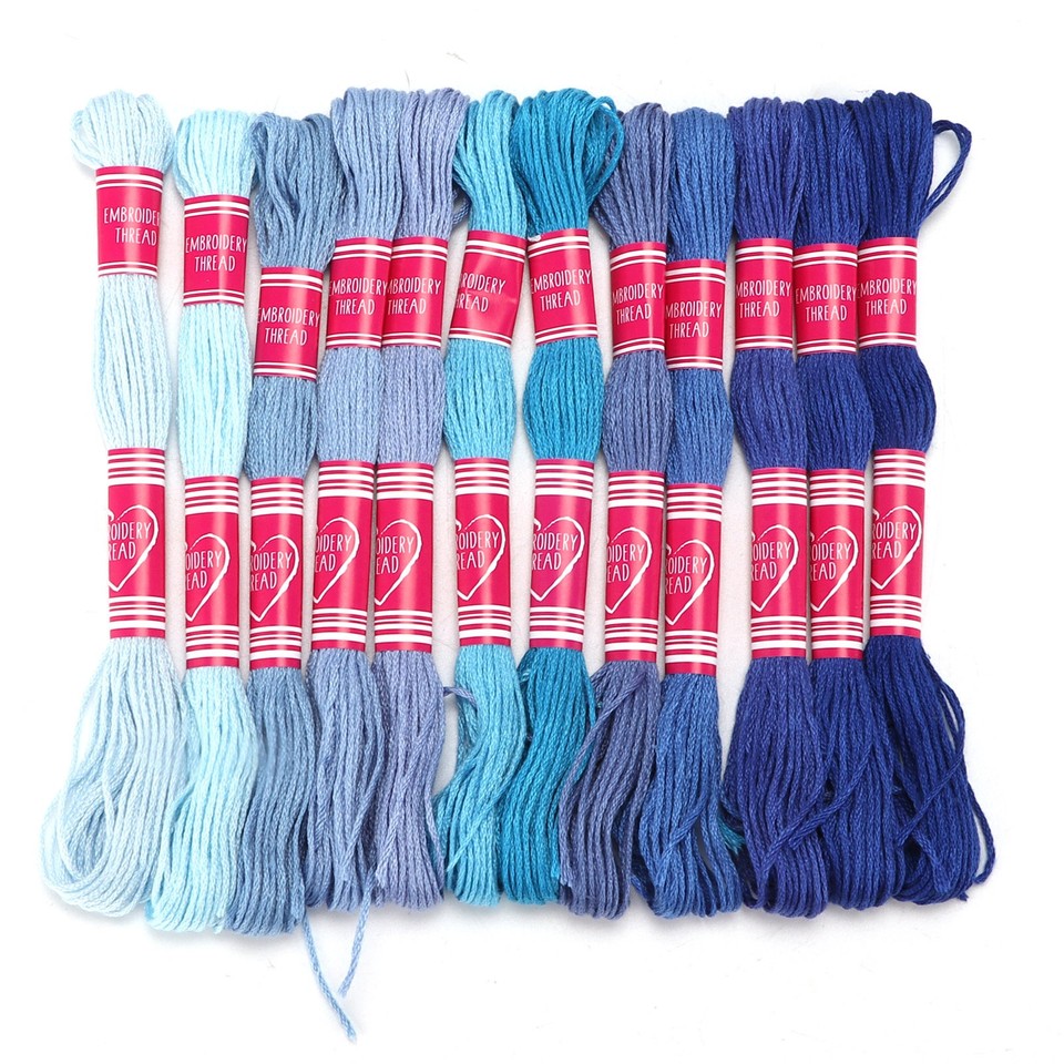 (Blue Color)OVAQUIXI 12-Piece Polyester Embroidery Thread Set Vibrant ...