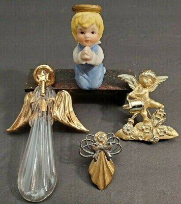 4 Old Angels - 2 Pins AJC Rhinestones 1 Ceramic Praying Angel 1 Glass ...