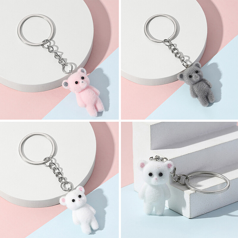 1pc Cute Resin Flocking Little Bear Keychain Animal Key Ring Keys ...