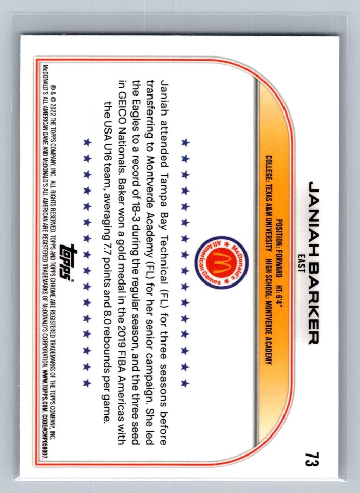 2022 Topps Chrome McDonalds All American JANIAH BAKER #73 | eBay