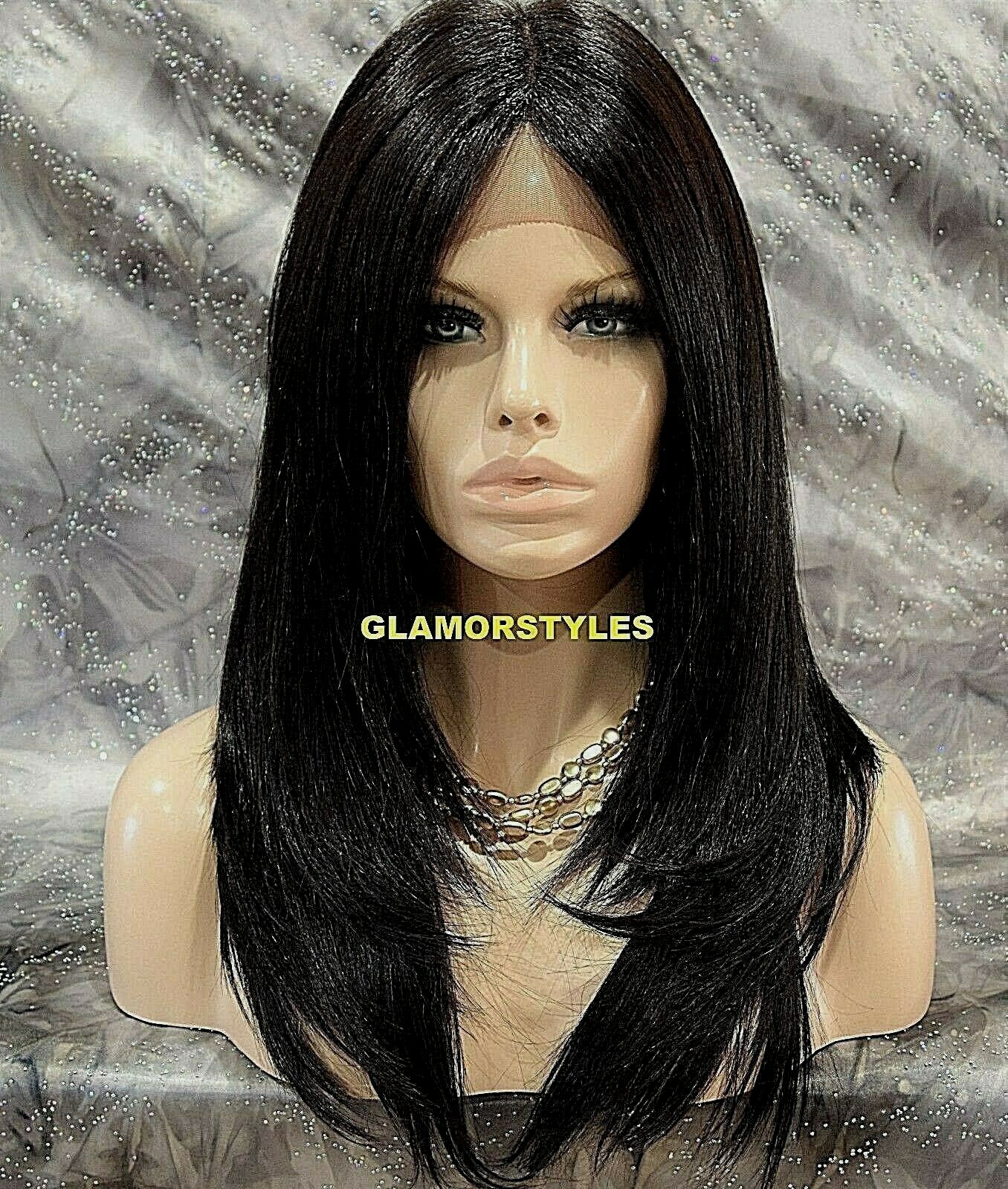 FREE PART LACE FRONT FULL WIG LONG STRAIGHT LAYERED OFF BLACK #1B HEAT ...