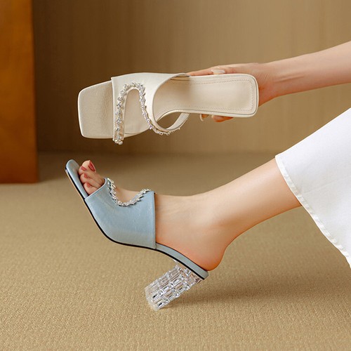 Womens Square Open Toe Slipper High Block Heel Sandals French Cowhide ...