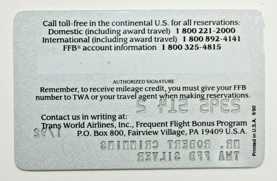 VINTAGE TWA AIRLINES FREQUENT FLIGHT BONUS PROGRAM PLASTIC MEMBER CARD ...