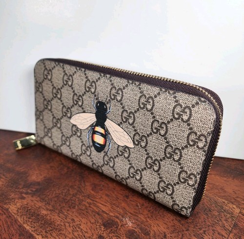GUCCI GG Zip Around Bee Continental Web Wallet Brown Superb New | eBay