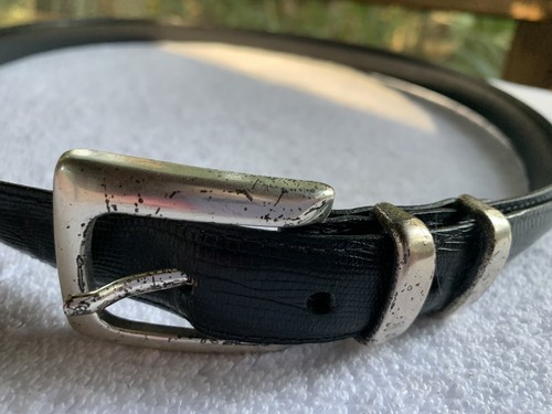VTG Haggar Belt Mens 42 Lizard Grain Black Cowhide Silver Buckle Double ...