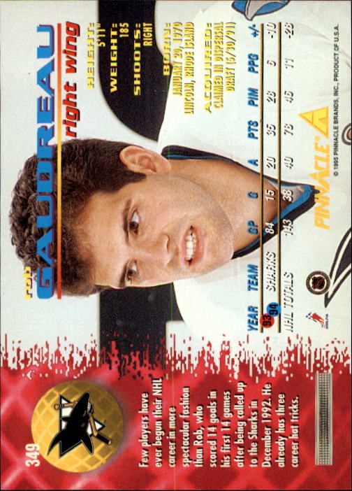 1994-95 Pinnacle Sharks Hockey Card #349 Rob Gaudreau | eBay