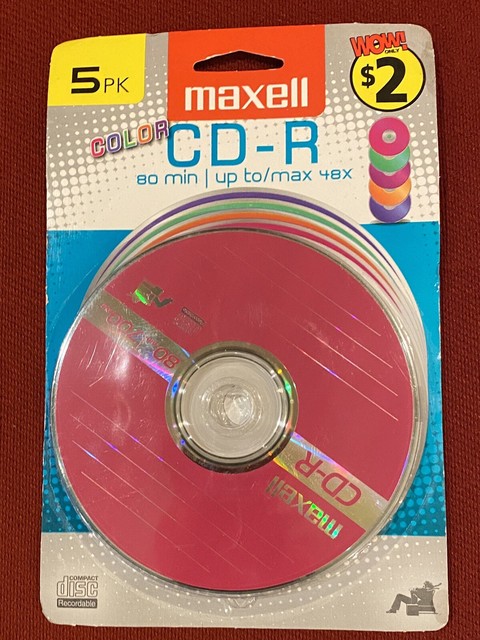 5 Pack Maxell Color CD R~Data~Music Photos~80mins 700mb~NEW IN PACKAGE ...