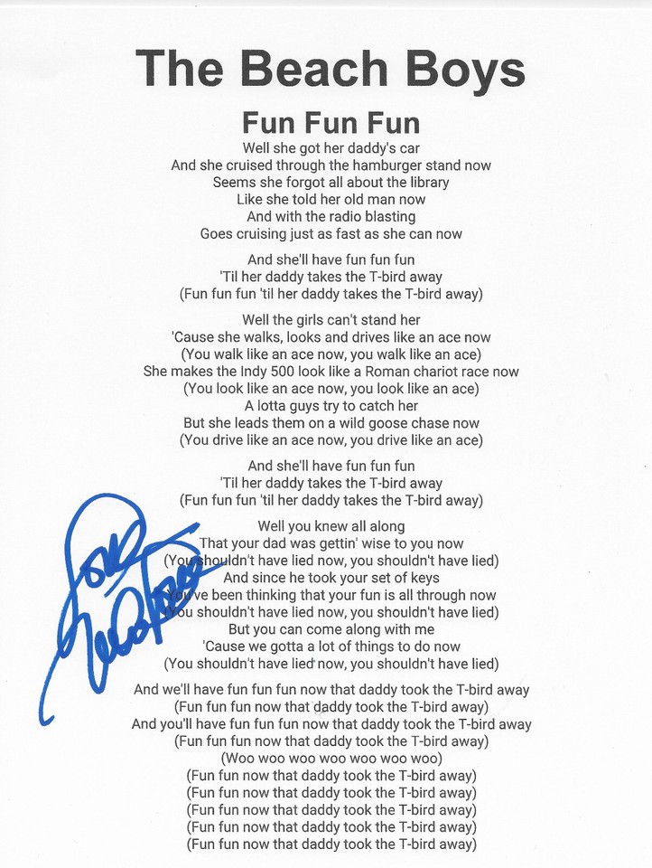 Mike Love signed Beach Boys Fun Fun Fun Lyrics sheet autograhed COA ...