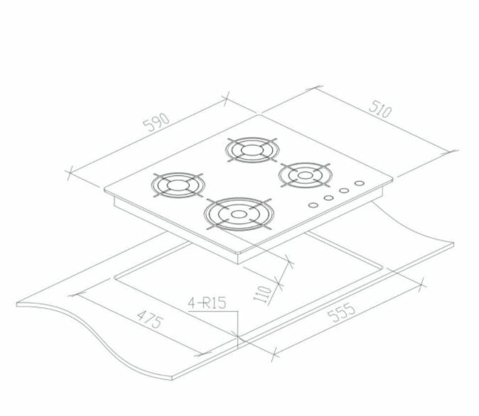Apelson UBGHJ607 60cm 4 Burner Black Gas on Glass Hob Pro Satin Pan ...