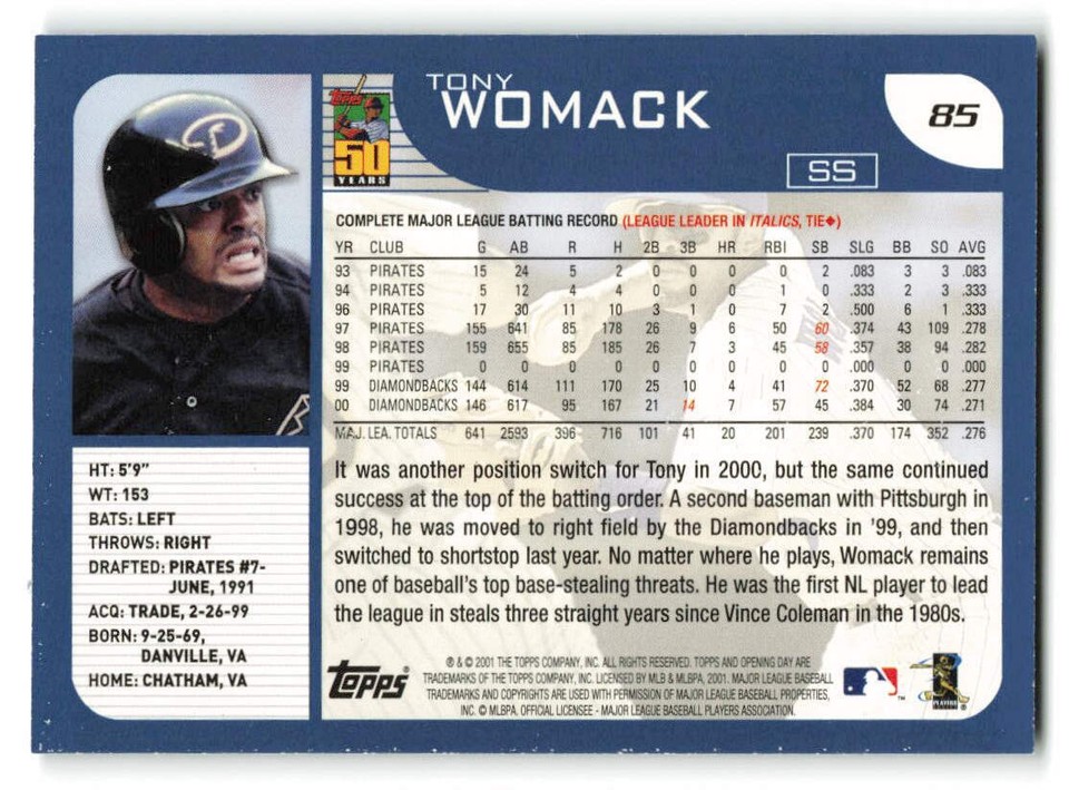 Tony Womack 2001 Topps Opening Day BASEBALL #85 Arizona Diamondbacks | eBay