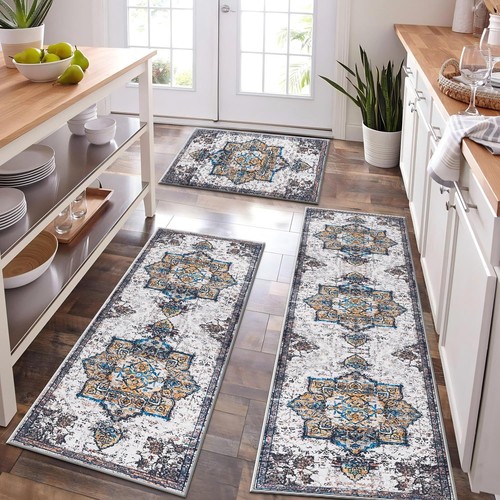 Boho Kitchen Rugs Set of 3 Washable Throw Rugs with TPR Backing Non ...