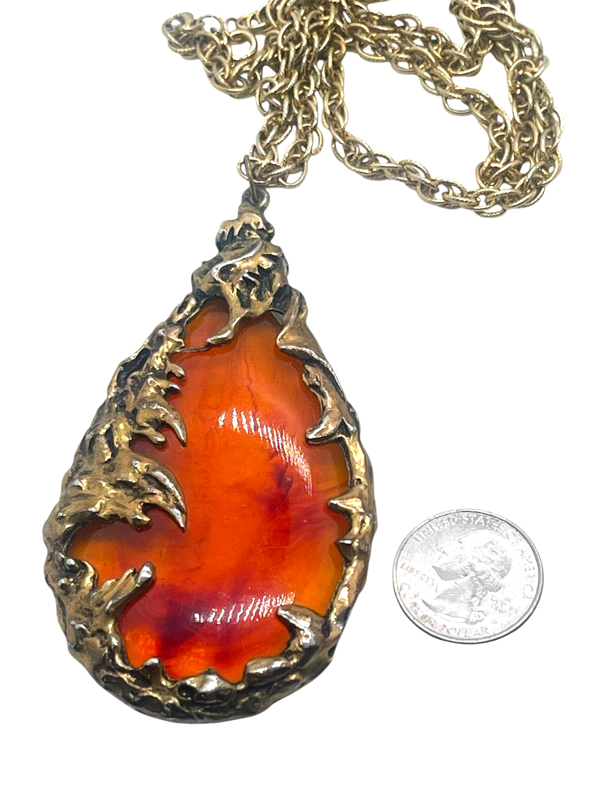 1960's Huge Pendant Faux Amber Brutalist Long Chain N… - Gem