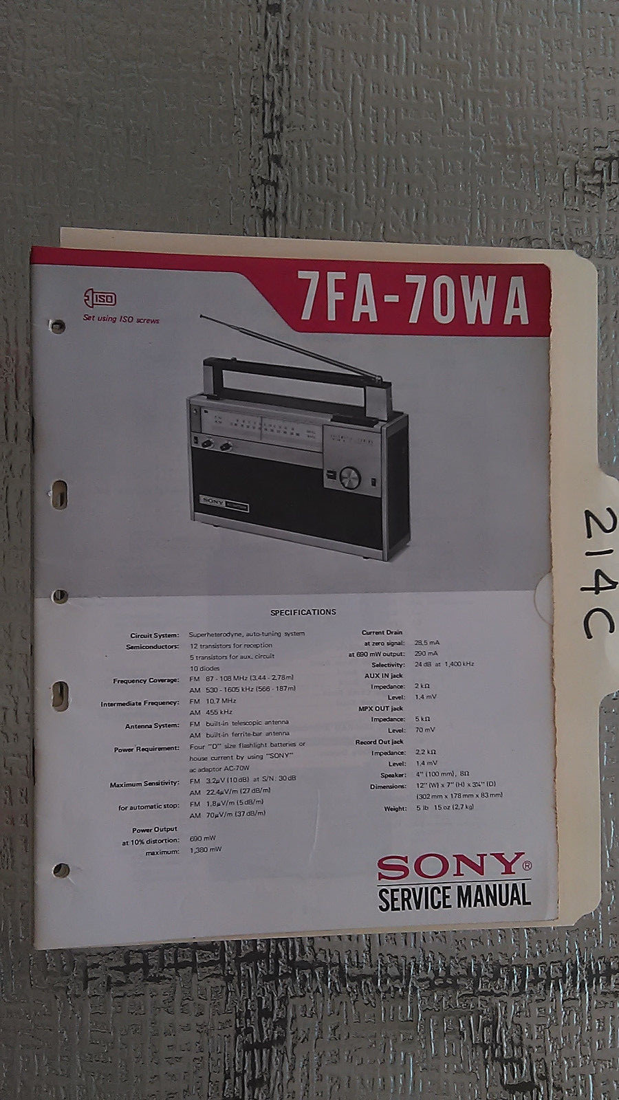 Sony 7fa-70wa service manual original repair book transistor am fm ...