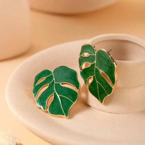 Large Monstera Leaf Earrings Green Enamel Gold Tone Tropical Stud ...