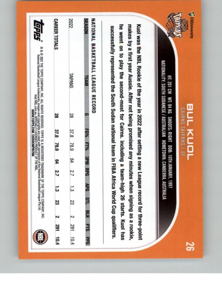 2022-23 Topps NBL Bul Kuol #26 Cairns Taipans Rookie Card RC | eBay