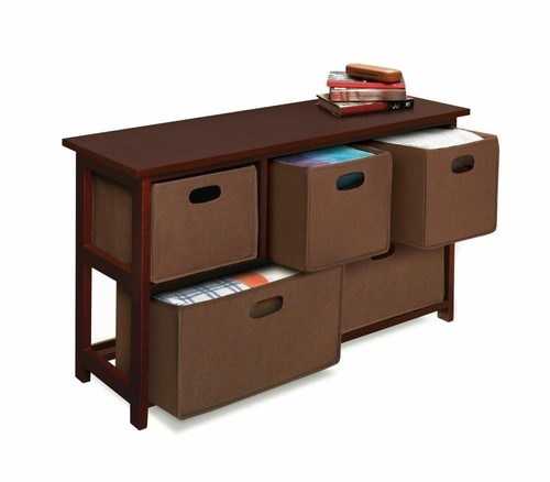 Cherry Finish 5 Bin Storage Shelf Unit Entryway Organizer Brown Baskets ...