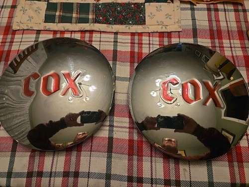 2 Vintage COX HUBCAP OLD Wheel Cover Car Truck Dog Dish Old Camper Pop ...