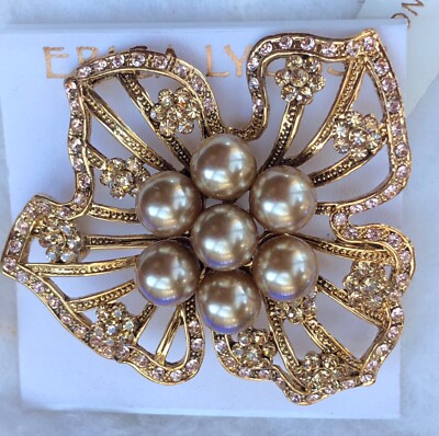 New ERICA LYONS BROOCH 41g, FLower w AB Rhinestones & Faux Grey Pearls ...