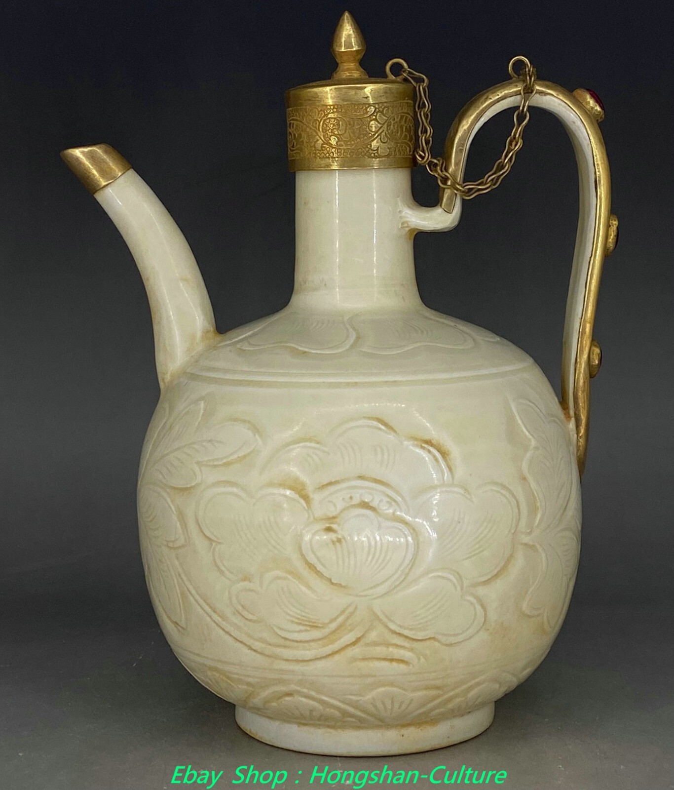 7.2'' Old Chinese White Glaze Porcelain Gold Portable Peony Wine Tea ...