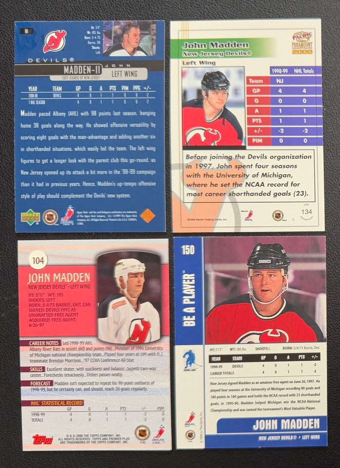 1999-00 John MADDEN 4 Rookie Card Lot RC Paramout, BAP , Premier Plus ...