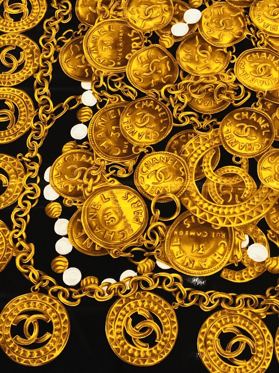 Vintage CHANEL CC Gold Black 100% Silk Coin Pearl Chain Vintage CHANEL CC Gold Black 100% Silk Coin Pearl Chain