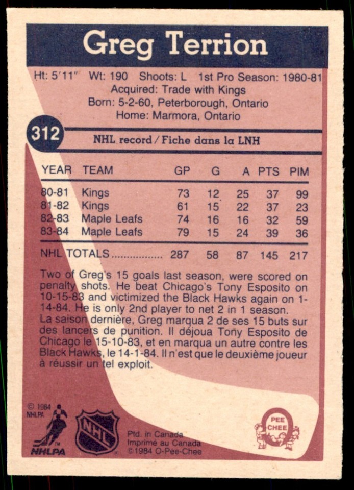 1984-85 O-Pee-Chee High Grade Greg Terrion #312 | eBay