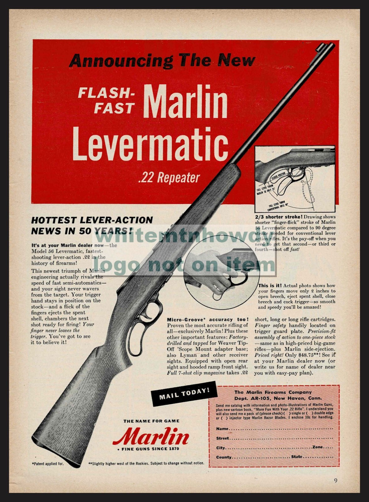 1955 MARLIN New Model 56 Levermatic .22 Repeater Rifle Original PRINT ...